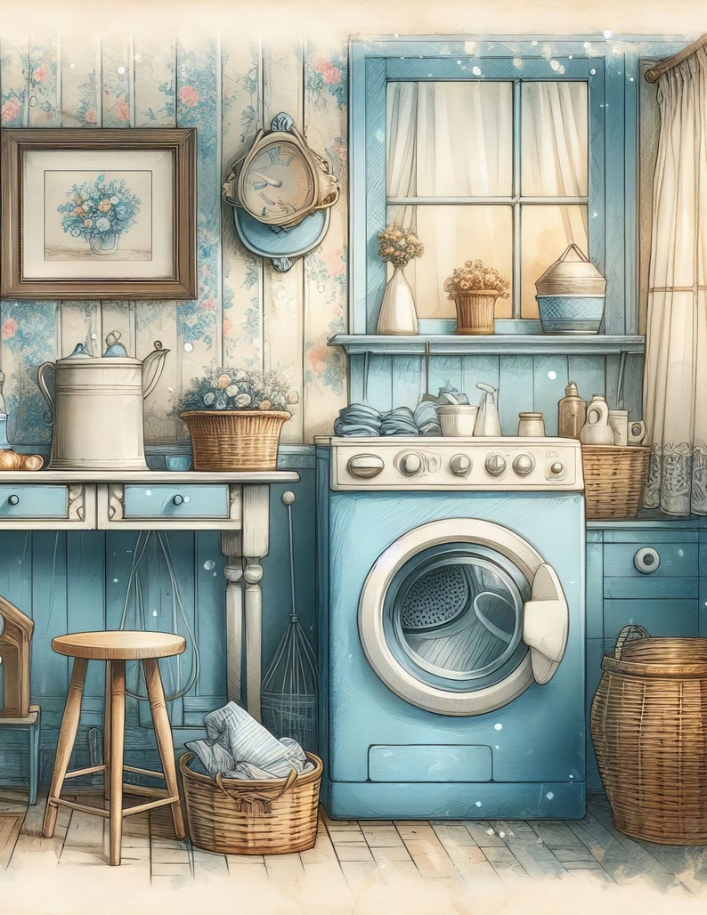 Blue Laundry Room Clipart Bundle 10 High Res Watercolor Jpgs for Junk ...