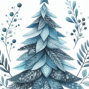 Nordic Blue Christmas Tree Clipart Bundle 10 High Res Watercolor Jpgs ...