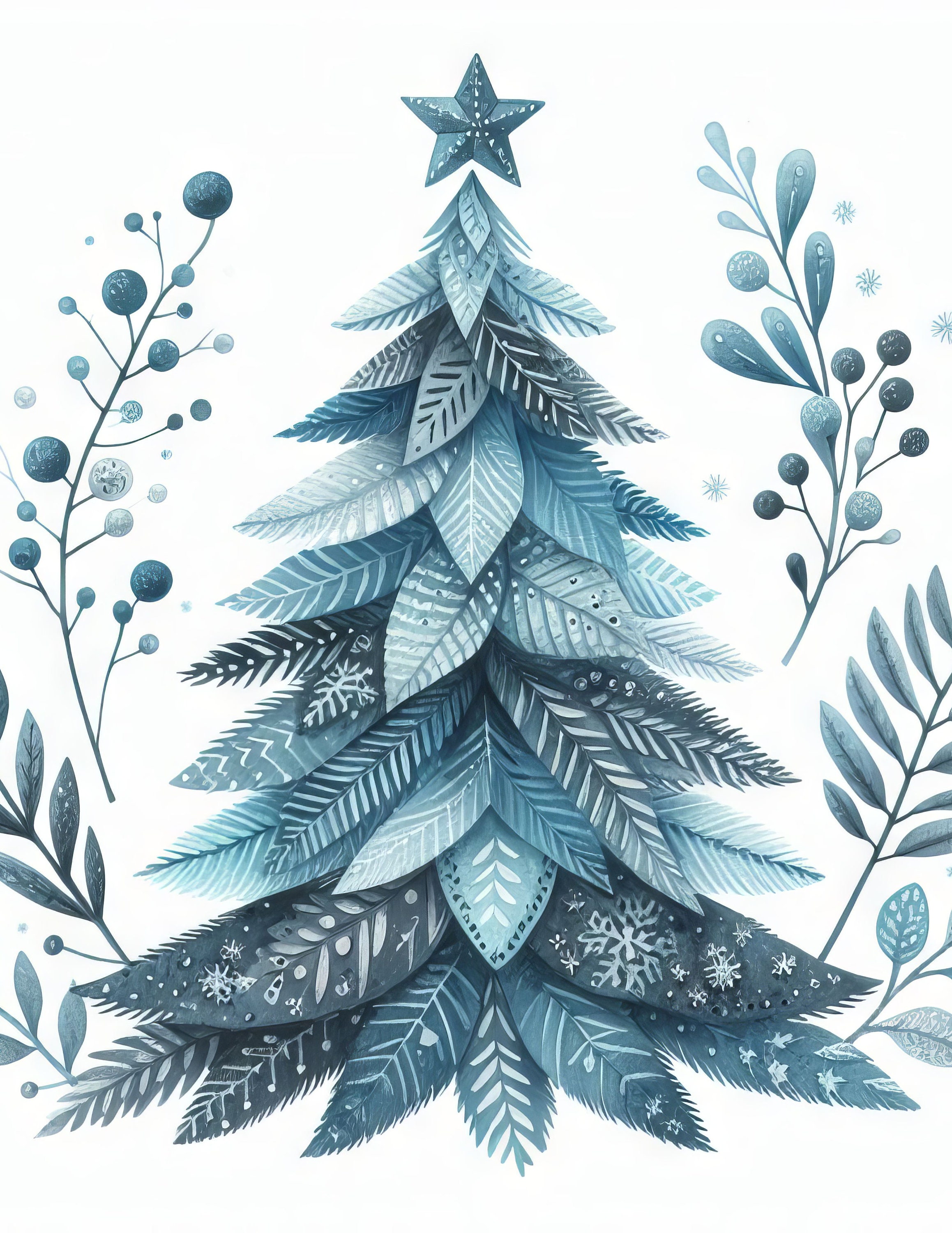 Nordic Blue Christmas Tree Clipart Bundle 10 High Res Watercolor Jpgs ...