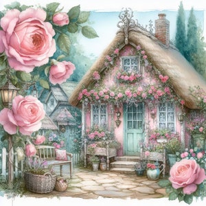 Pink Rose Cottage Clip Art 10 High Res Watercolor Jpgs for Junk ...