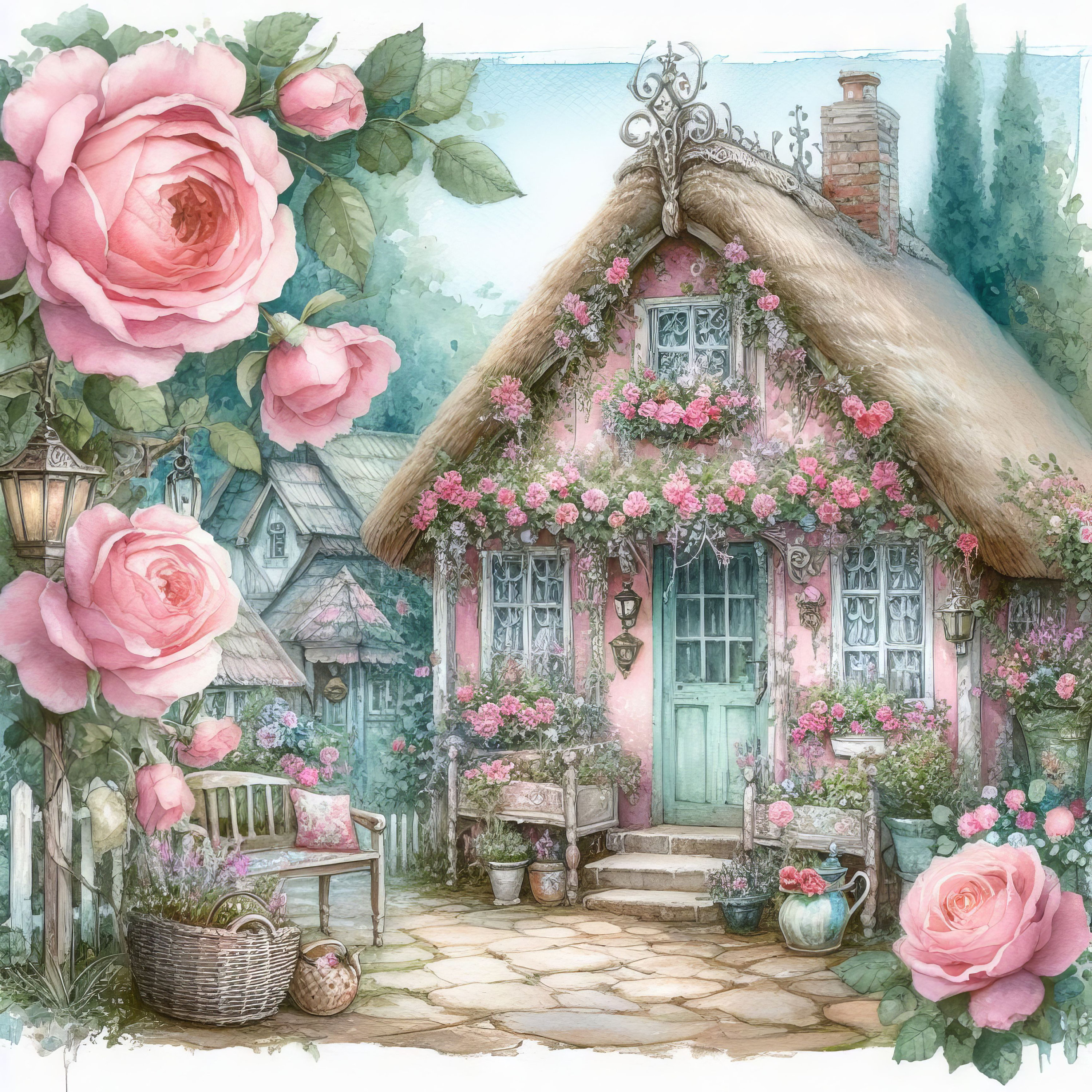 Pink Rose Cottage Clip Art 10 High Res Watercolor Jpgs for Junk ...