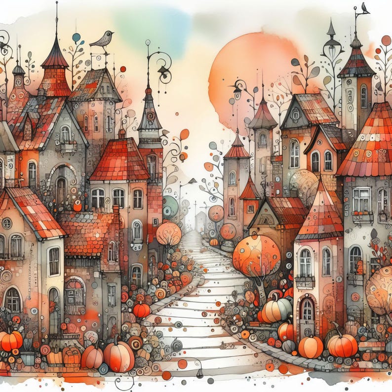 Quirky Fall Town 10 High Res Watercolor Jpgs Junk Journaling ...