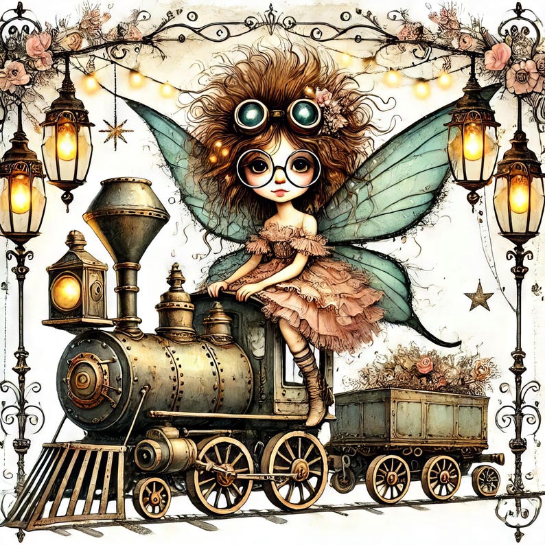 Steampunk Fairy and Train 10 High Res Watercolor Jpgs Junk Journaling ...