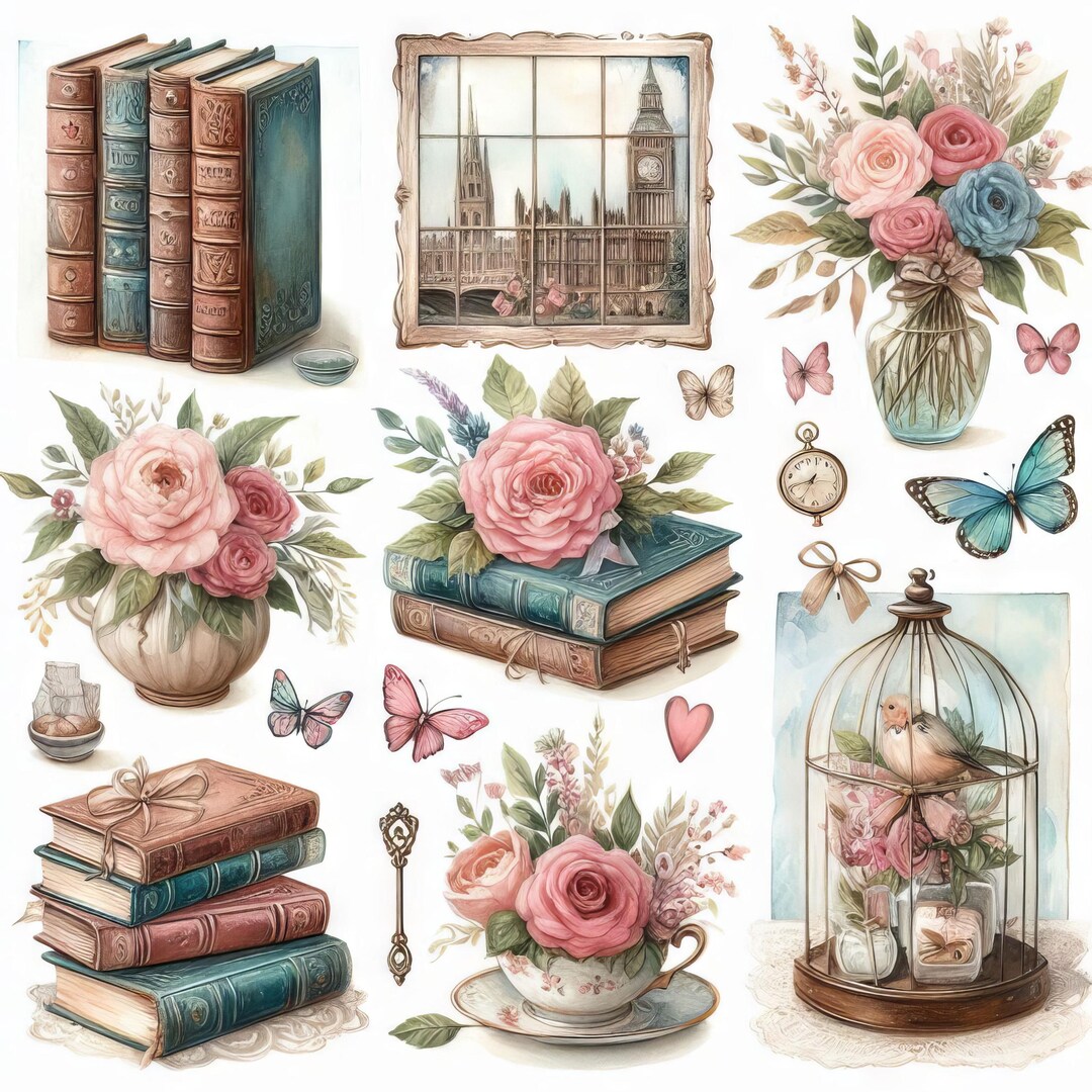 90+ Fussy Cut Books and Flowers High Res Watercolor Jpgs for Junk ...