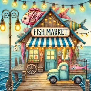 Fish Market: 10 High Res Watercolor Jpgs, Junk Journaling, Scrapbooking ...