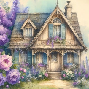 Purple Flower Cottage 10 High Res Watercolor Jpgs for Junk Journaling ...