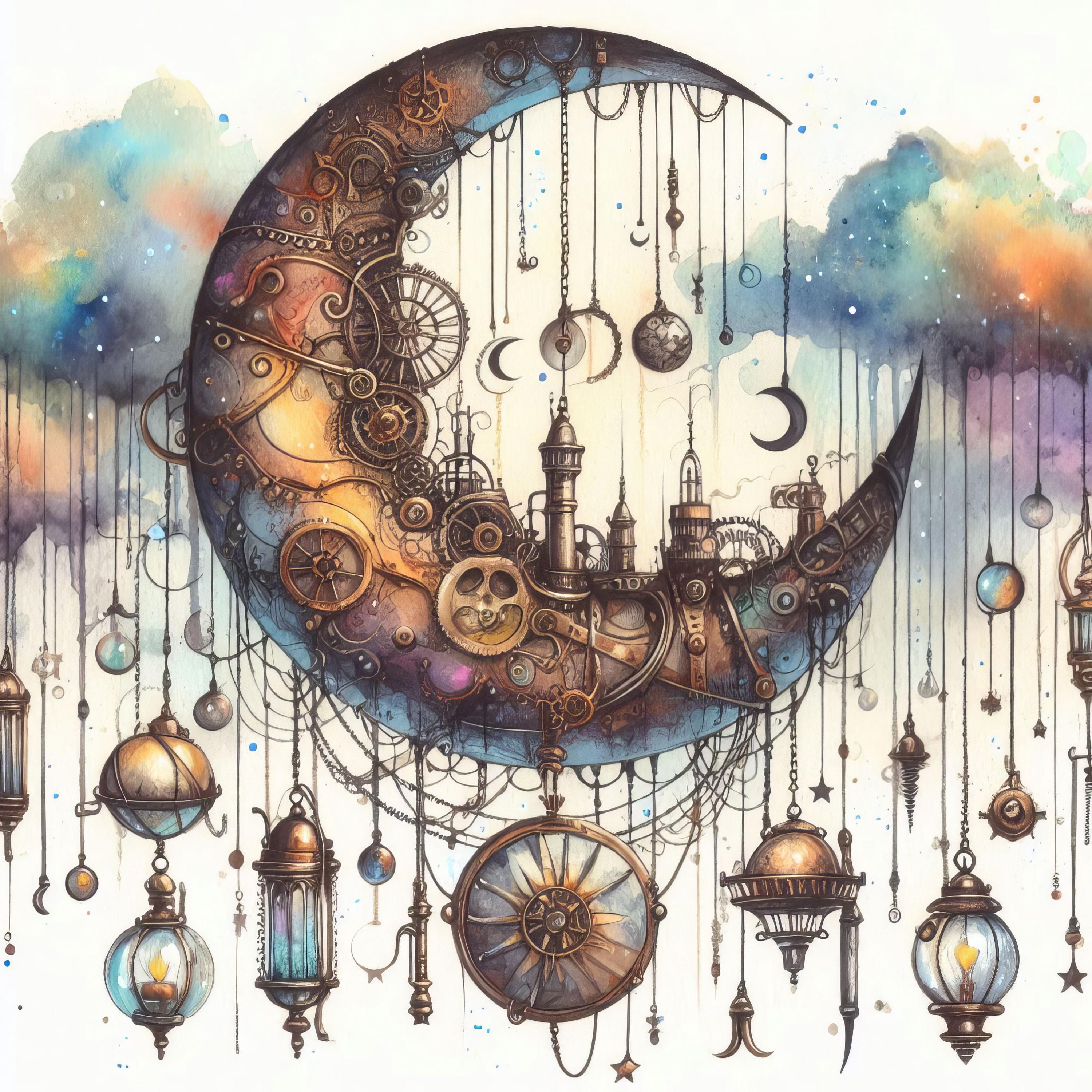 Steampunk Moon; 10 High Res Watercolor Jpegs, Junk Journaling, Card ...