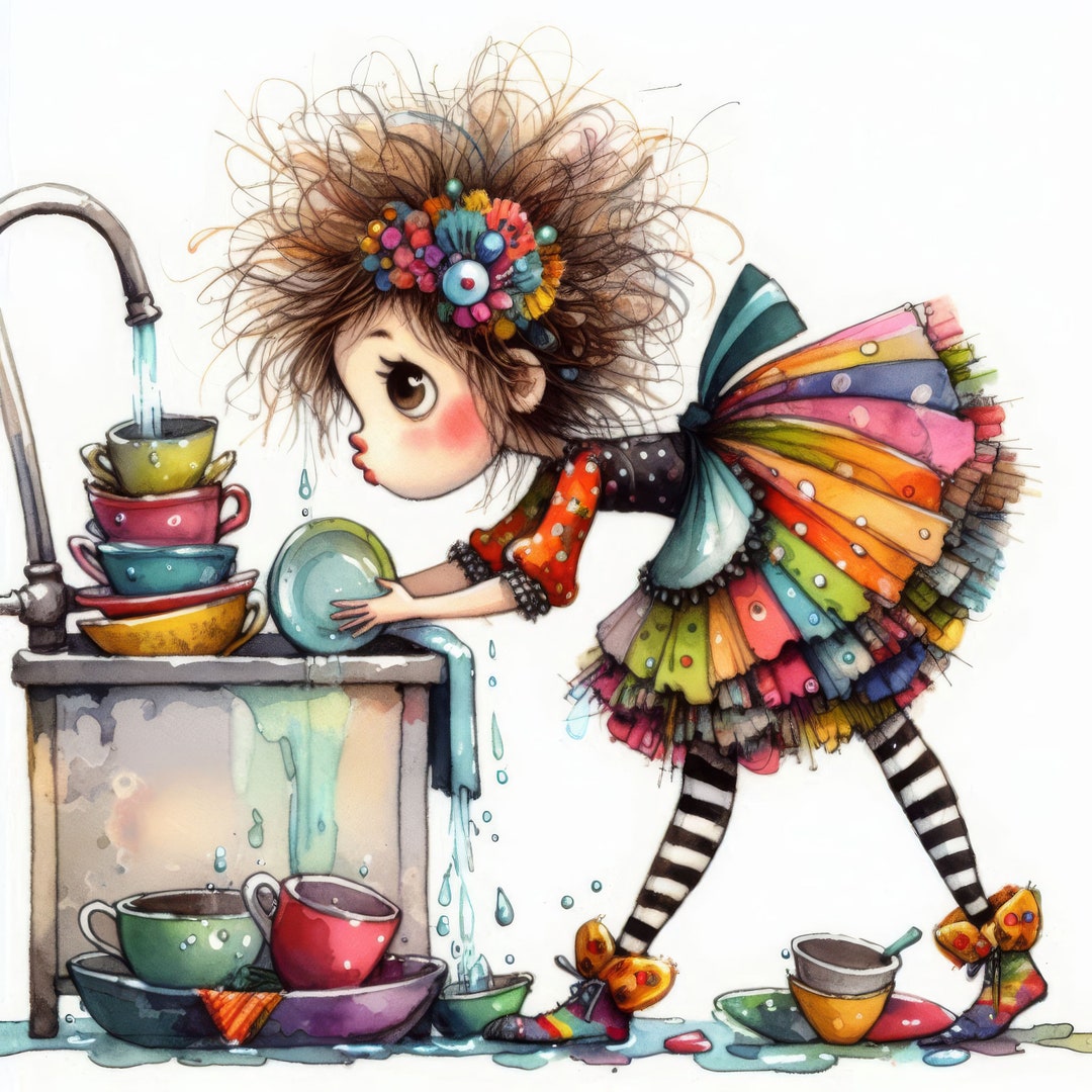 Quirky Washing Dishes Clip Art 10 High Res Watercolor Jpgs Junk ...
