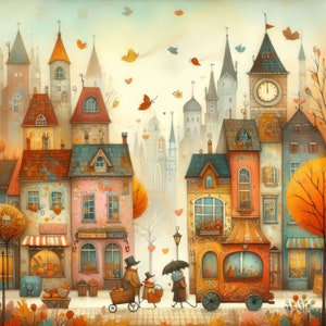 Whimsical Autumn City Clip Art 10 High Res Watercolor Jpgs Junk ...