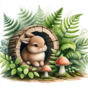 Bunny in a Log Clip Art 10 High Res Watercolor Jpgs for Junk Journaling ...