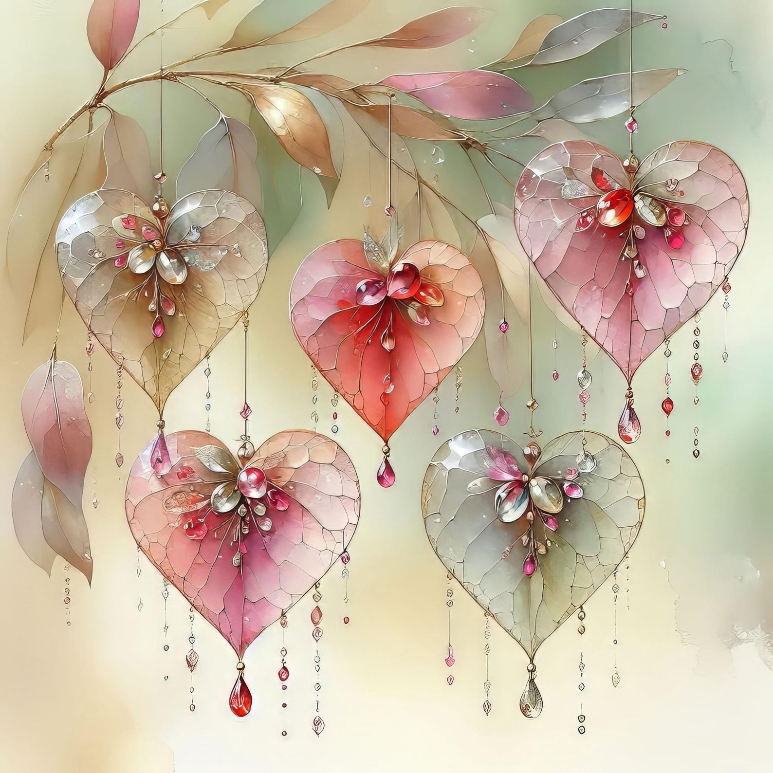 Jeweled Heart Leaves: 10 High Res Watercolor Jpgs, Junk Journaling ...