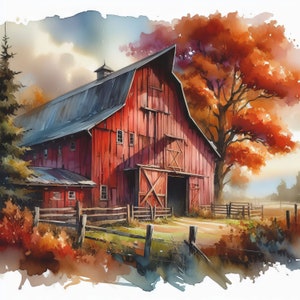 Red Barn in Fall Clip Art 10 High Res Watercolor Jpgs for Junk ...