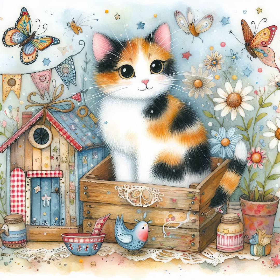 Whimsical Calico Cat Clip Art 10 High Res Watercolor Jpgs for Junk ...