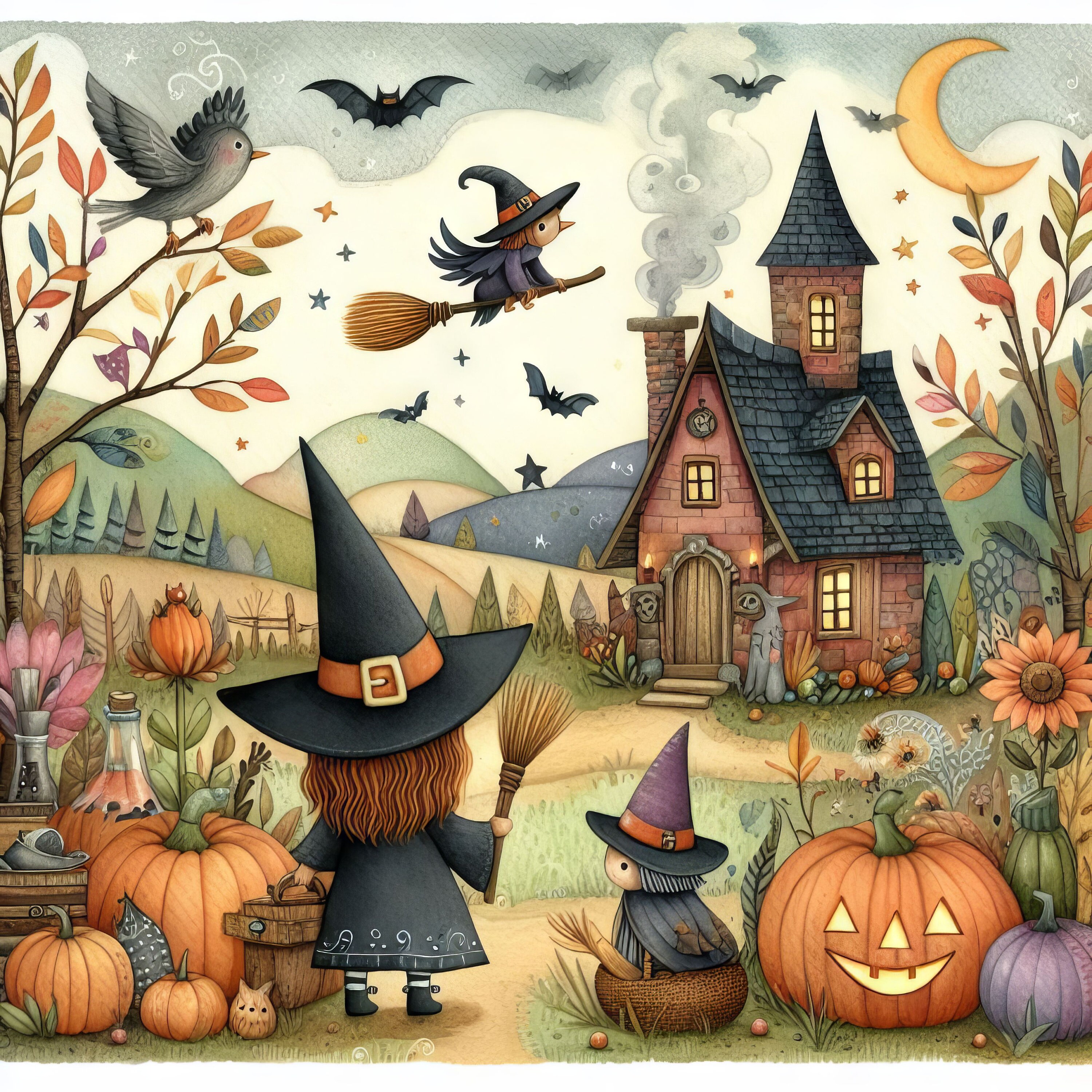 Whimsical Witch: Clip Art, 10 High Res Watercolor Jpgs, Junk Journaling ...
