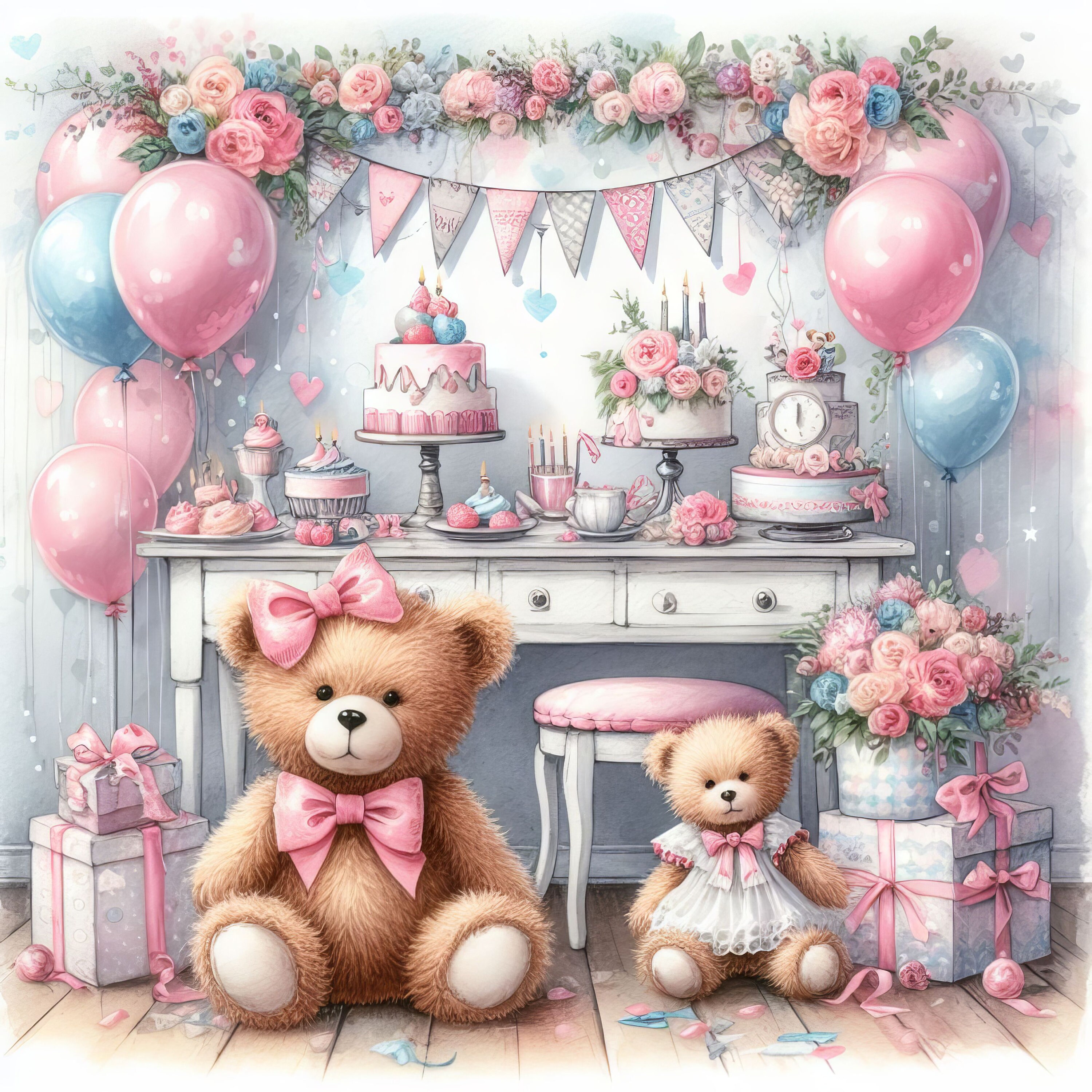 Teddy Bear Birthday Clip Art Bundle 10 High Res Watercolor Jpgs for ...
