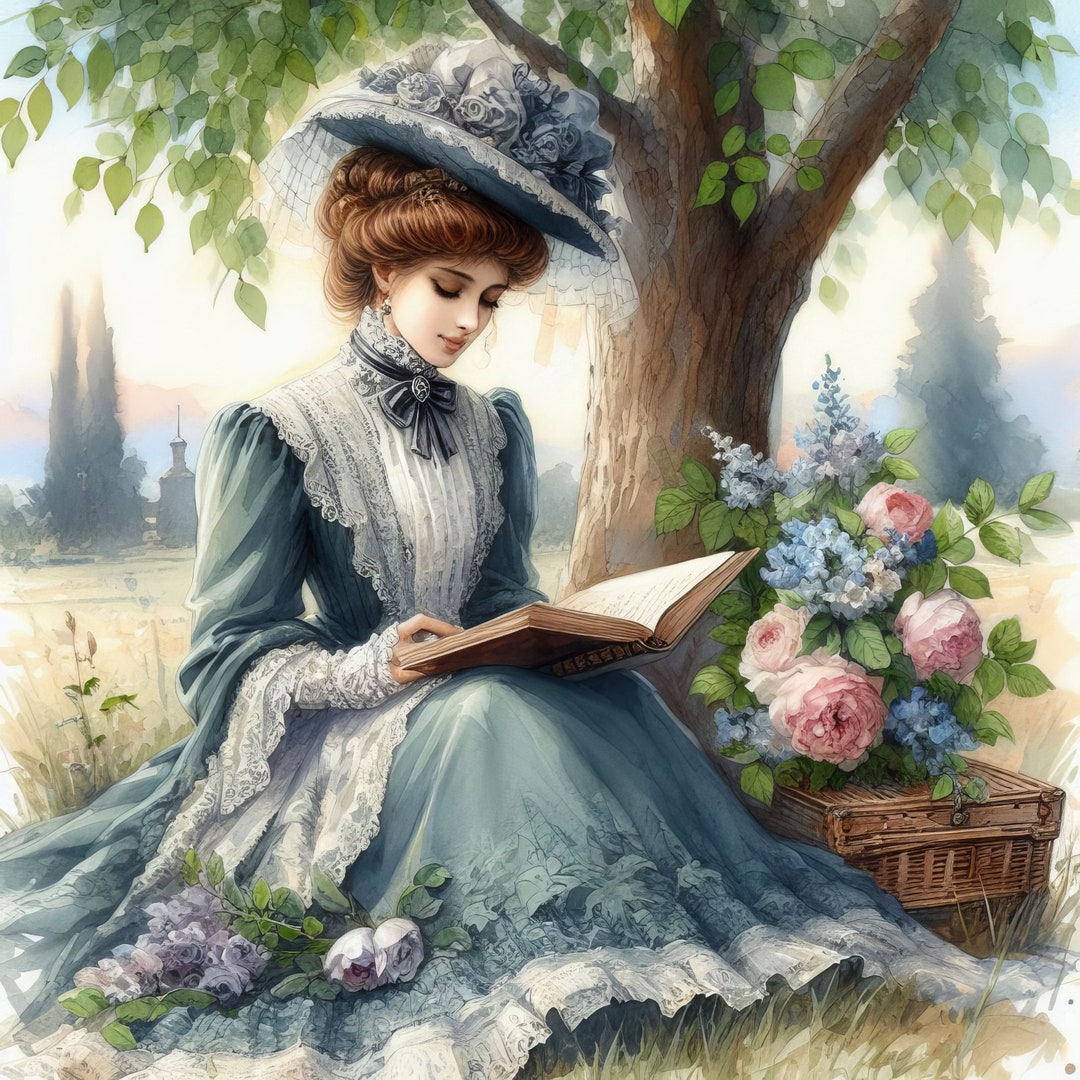 Victorian Afternoon Reading Clip Art Bundle 10 High Res Watercolor Jpgs ...