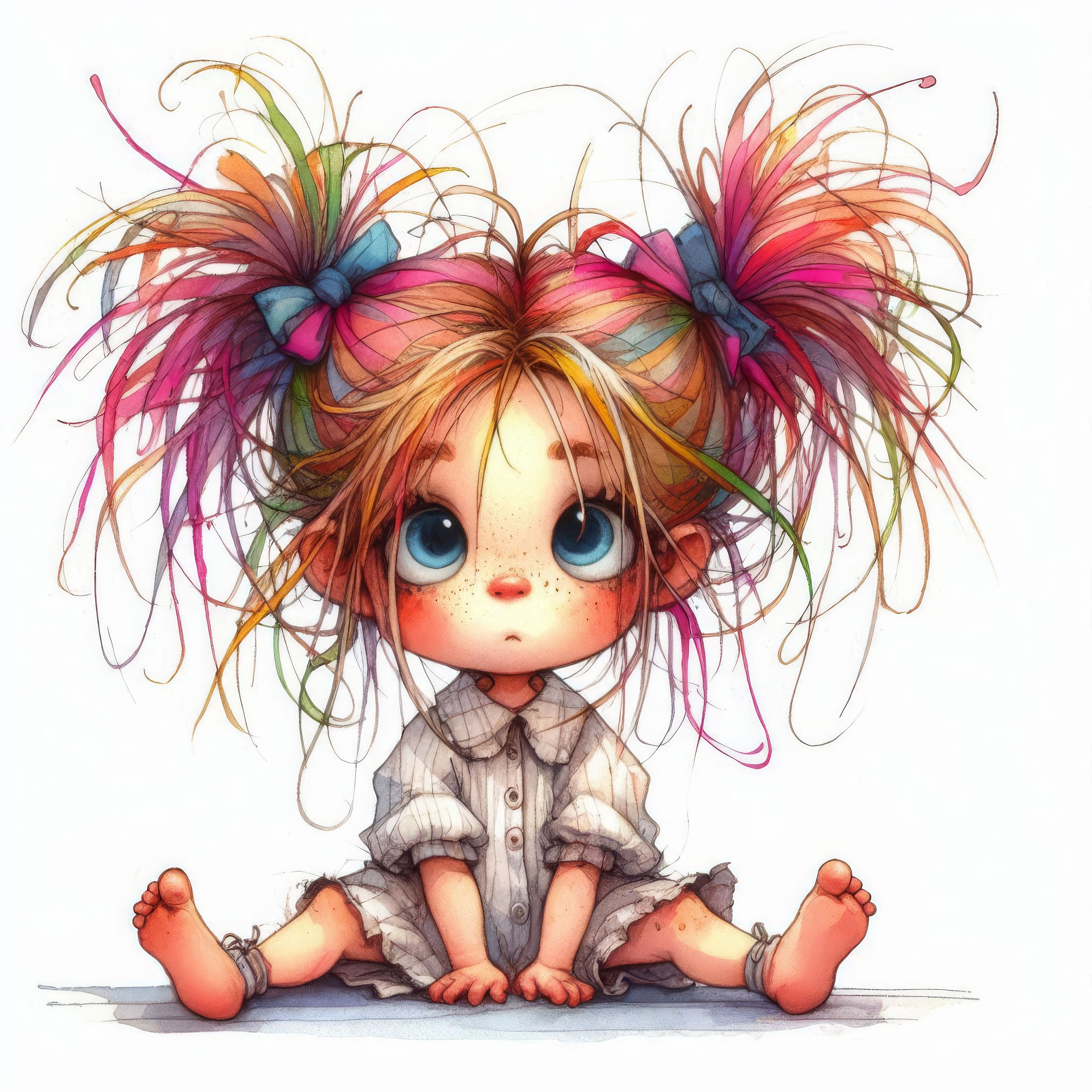 Quirky Little Girl: Clip Art, 10 High Res Watercolor Jpgs, Junk ...