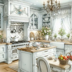 Shabby Chic White Kitchen Clip Art Kit 10 High Res Watercolor Jpgs Junk ...