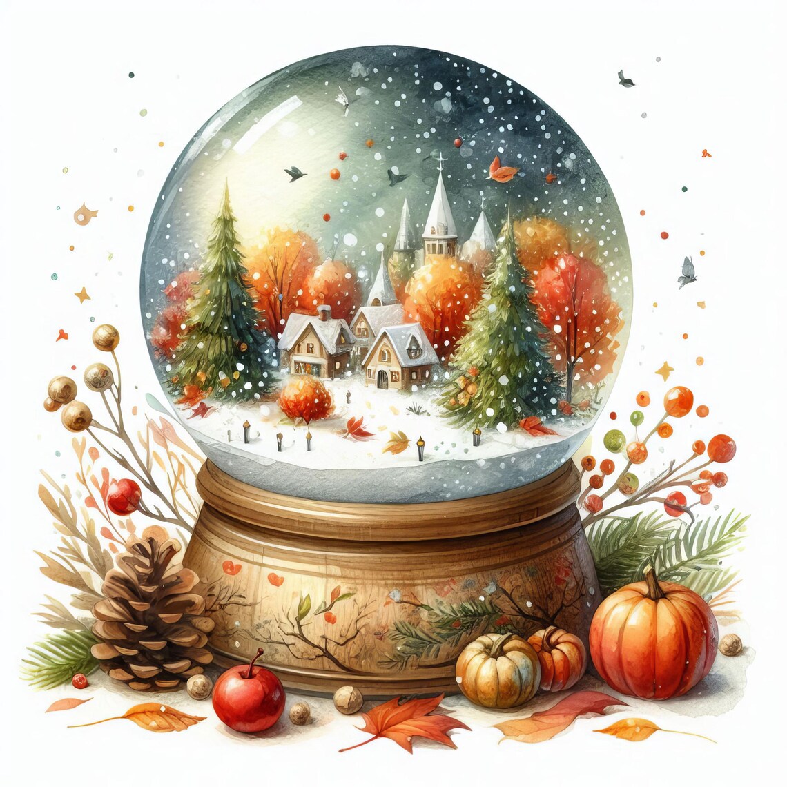 Fall Snow Globe: 10 High Res Watercolor Jpgs for Junk Journaling ...