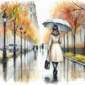 Rainy Day Walk in Fall: Clip Art, 10 High Res Watercolor Jpegs, Junk ...