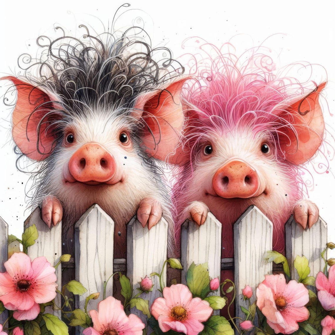 Quirky Pigs on a Fence: Clip Art, 10 High Res Watercolor, Jpgs, Junk ...