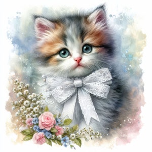 Kitten With White Bow Clip Art Bundle 10 High Res Watercolor Jpgs for ...