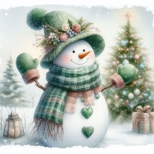 Snowman in Green With Christmas Tree Clip Art Bundle 10 High Res ...