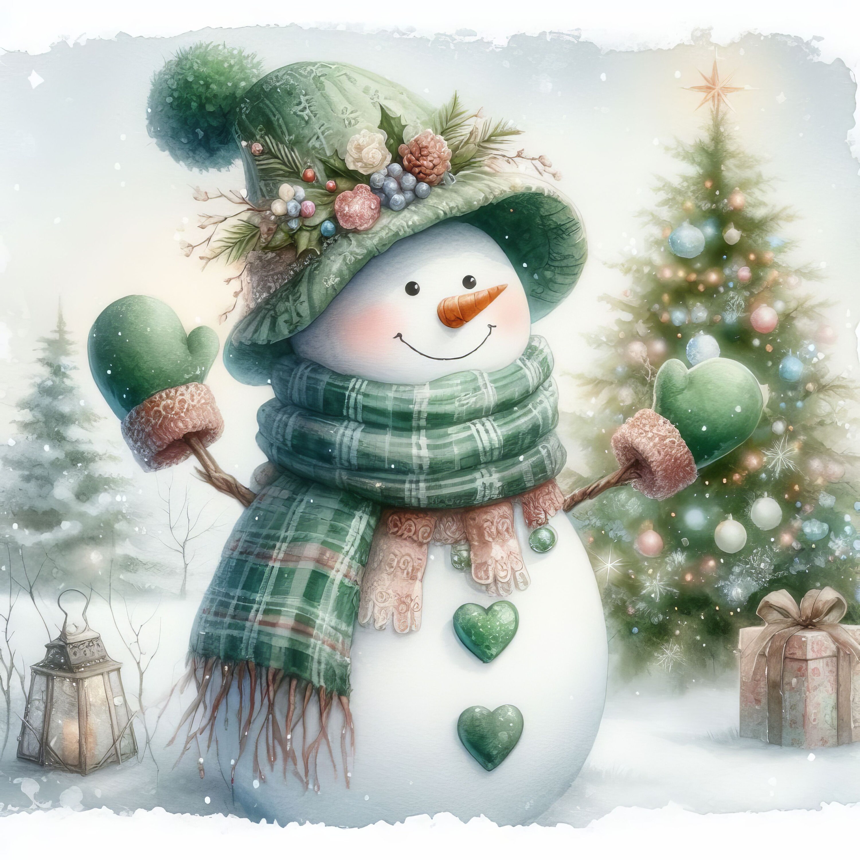 Snowman in Green With Christmas Tree: Clip Art, 10 High Res Watercolor ...