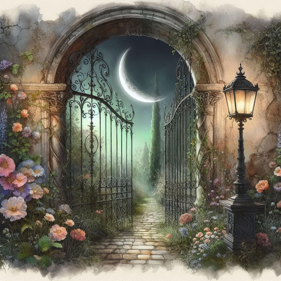 Moonlight Path Clip Art 10 High Res Watercolor Jpgs for Junk Journaling ...