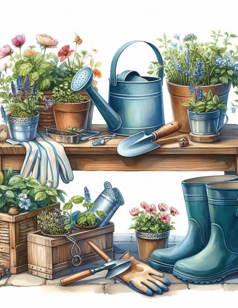 Gardening Tools Clip Art Kit 10 High Res Watercolor Jpgs for Junk ...