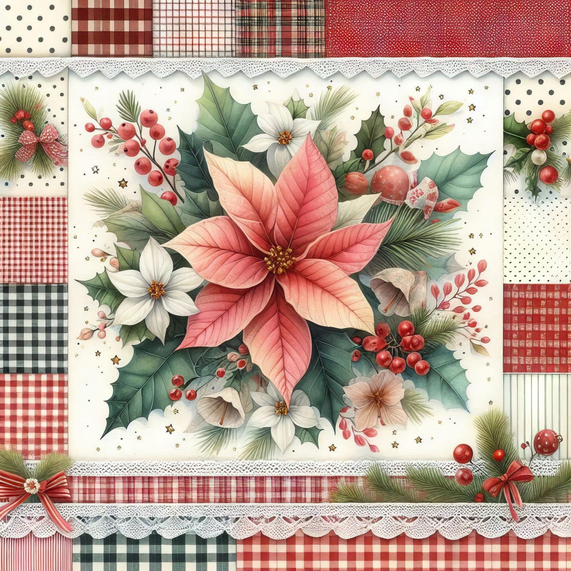 Calico Christmas Poinsettia Paper: 10 High Res Watercolor Jpgs, Junk ...