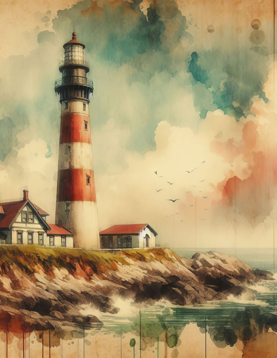 Vintage Lighthouse Clipart Bundle 10 High Res Watercolor Jpgs for Junk ...