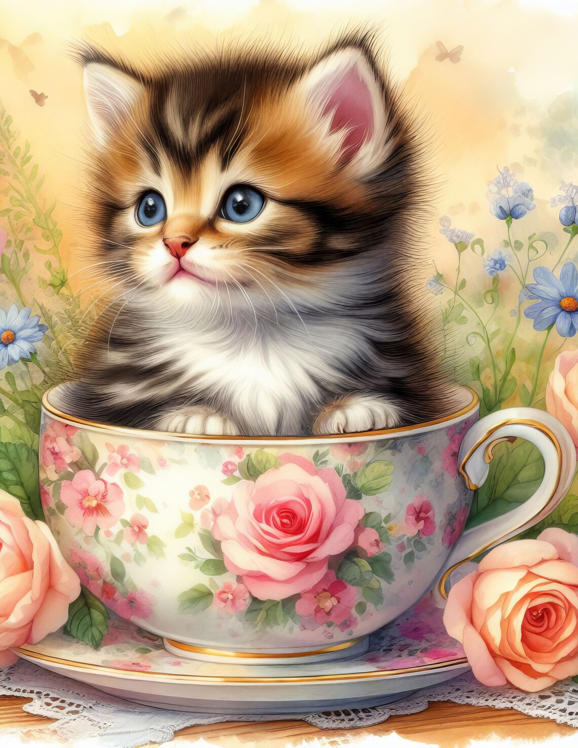 Kitten in Teacup: Clipart 10 High Res Watercolor Jpegs for Junk ...