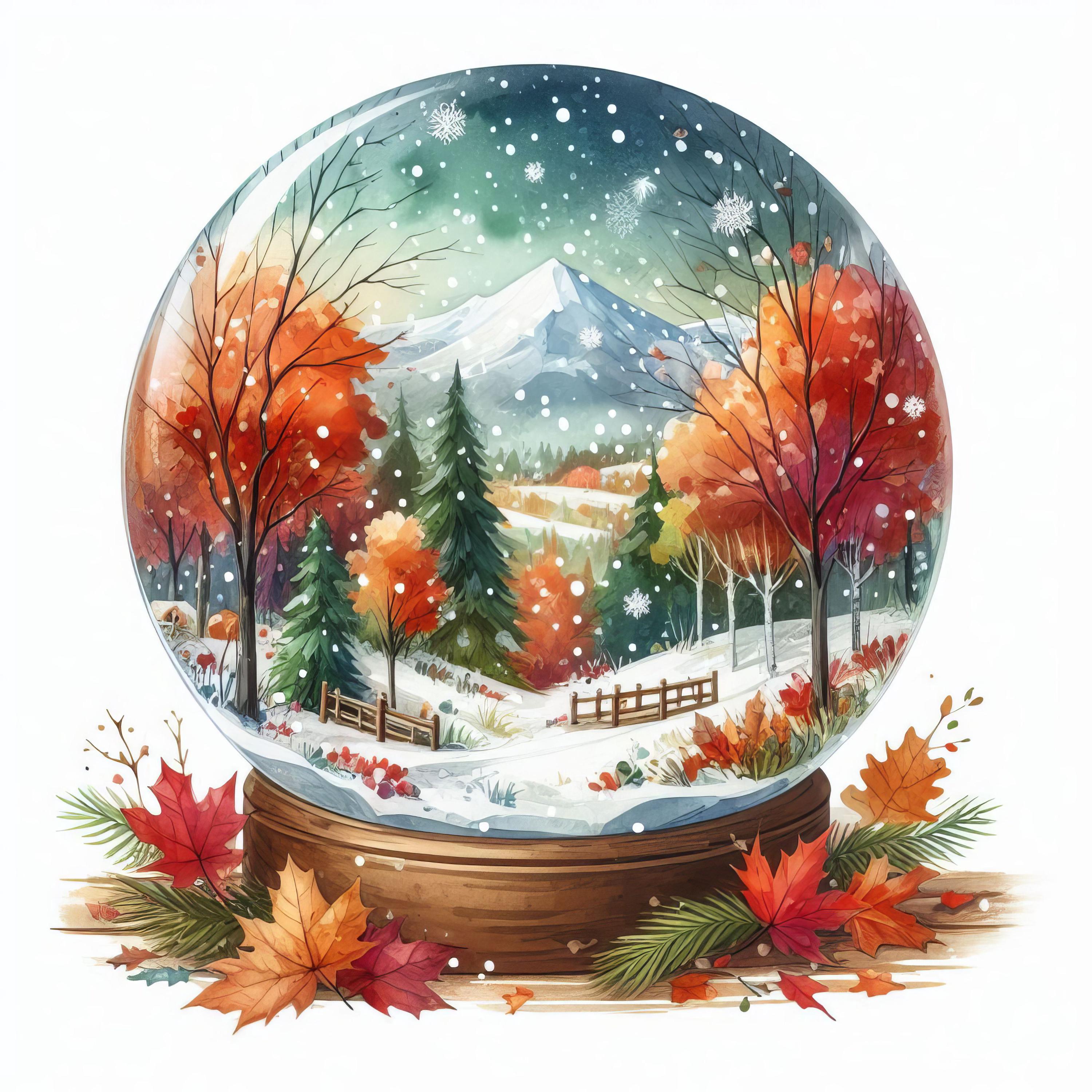Fall Snow Globe: 10 High Res Watercolor Jpgs for Junk Journaling ...