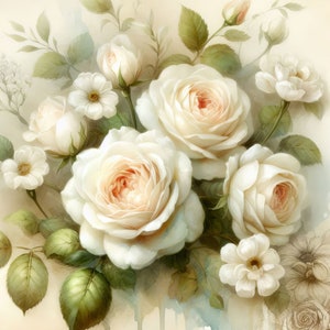 Vintage White Roses Clipart Bundle 10 High Res Watercolor Jpgs for Junk ...