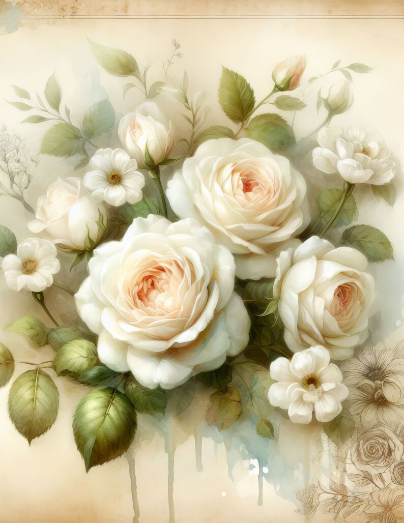 Vintage White Roses Clipart Bundle 10 High Res Watercolor Jpgs for Junk ...