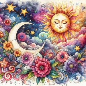 Fantasy Sun Moon Stars Clip Art 10 High Res Watercolor Jpgs Junk ...