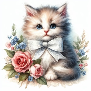 Kitten With White Bow Clip Art Bundle 10 High Res Watercolor Jpgs for ...