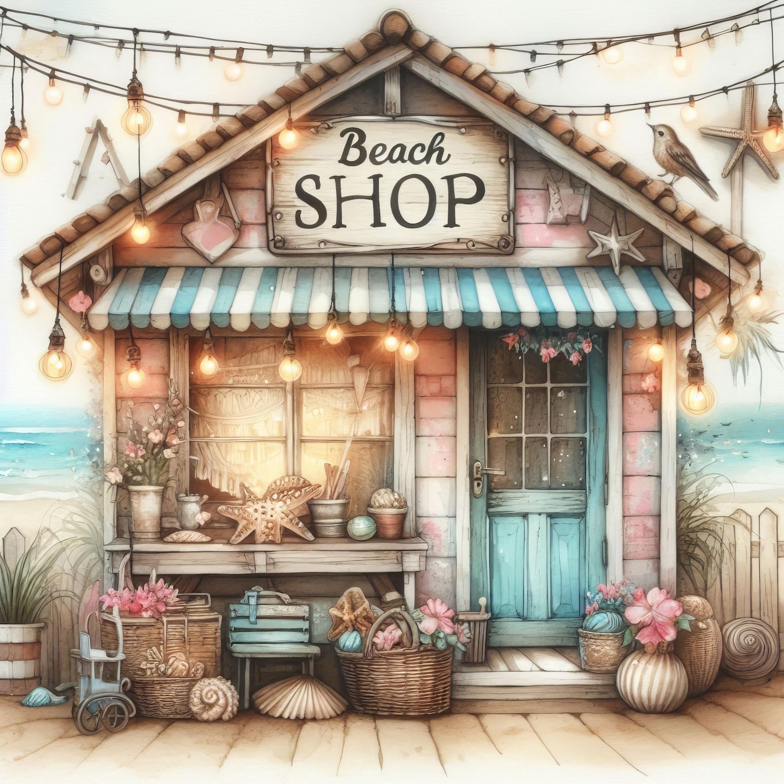 Beach Shop 10 High Res Watercolor Jpgs Junk Journaling, Scrapbooking ...