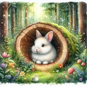 Bunny in a Log Clip Art 10 High Res Watercolor Jpgs for Junk Journaling ...
