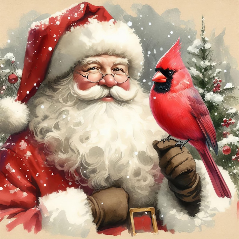 Santa With Cardinal: Clip Art, 10 High Res Watercolor Jpgs, Junk ...