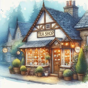 Village Tea Shop: 10 High Res Watercolor Jpegs Junk Journaling ...