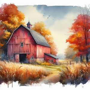 Red Barn in Fall Clip Art 10 High Res Watercolor Jpgs for Junk ...
