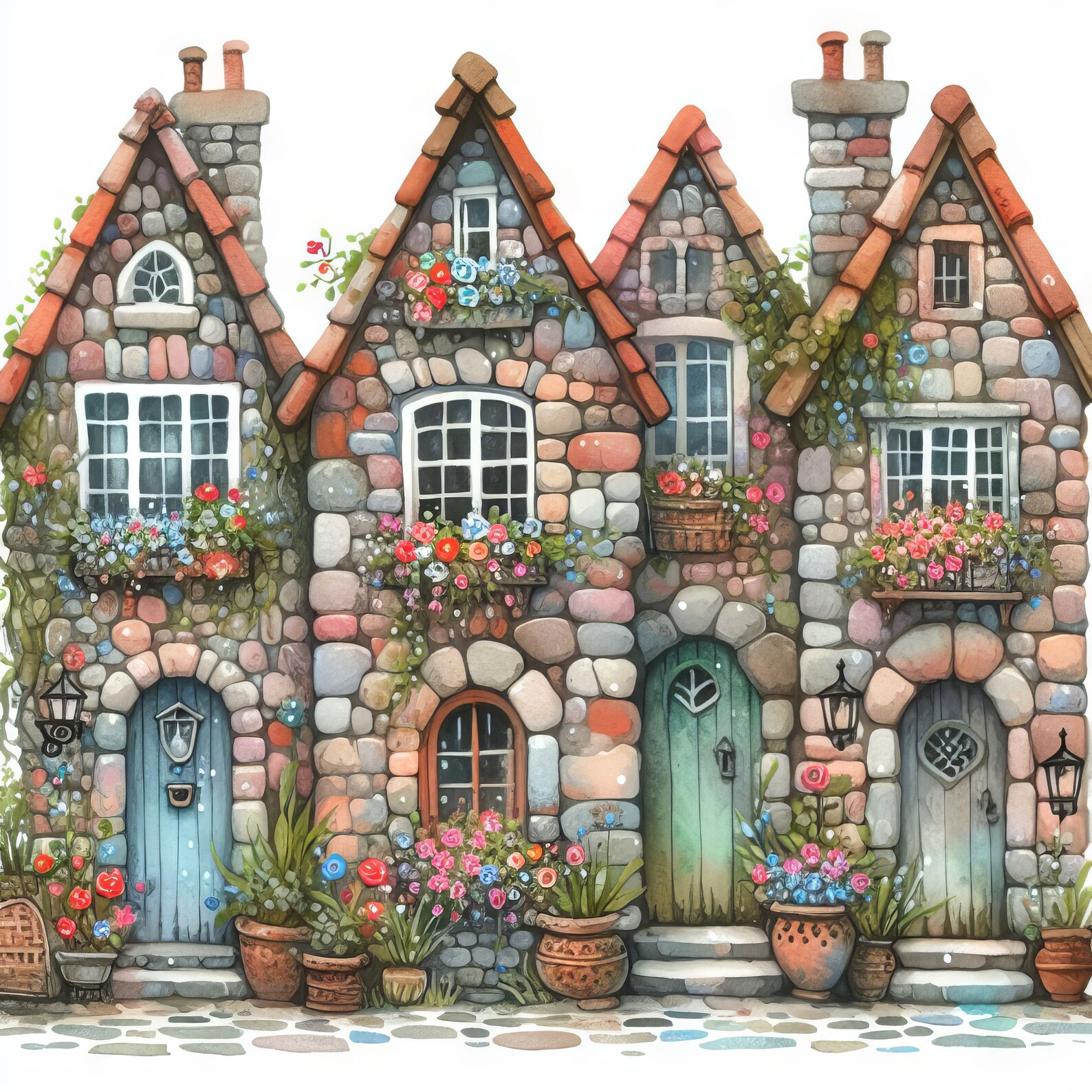 Whimsical Stone Row Houses Clip Art 10 High Res Watercolor Jpgs Junk ...
