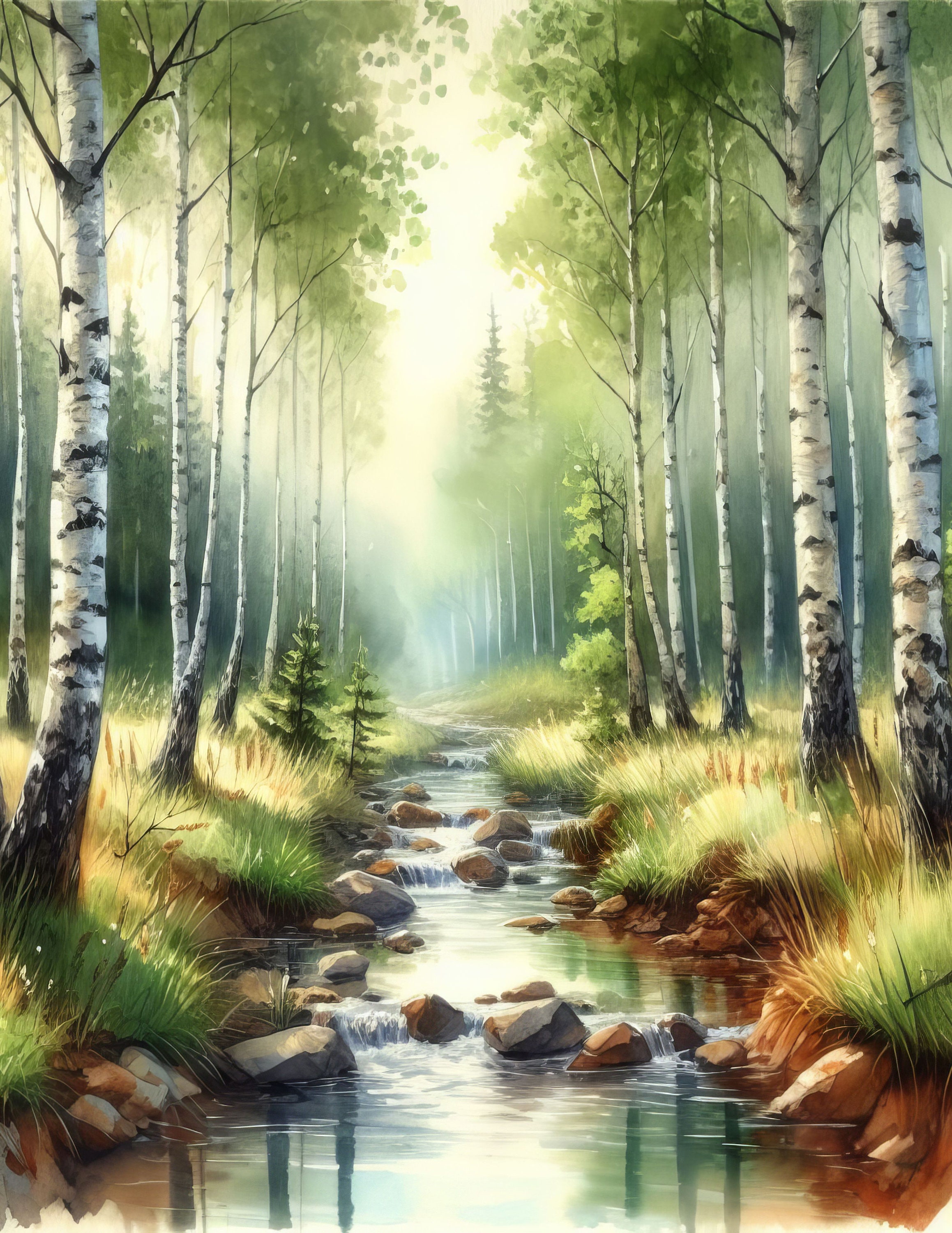 Brook Through Birch Trees Clip Art Kit 10 High Res Watercolor Jpgs for ...
