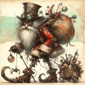Steampunk Santa: 10 High Res Watercolor Jpgs, Junk Journaling, Card ...