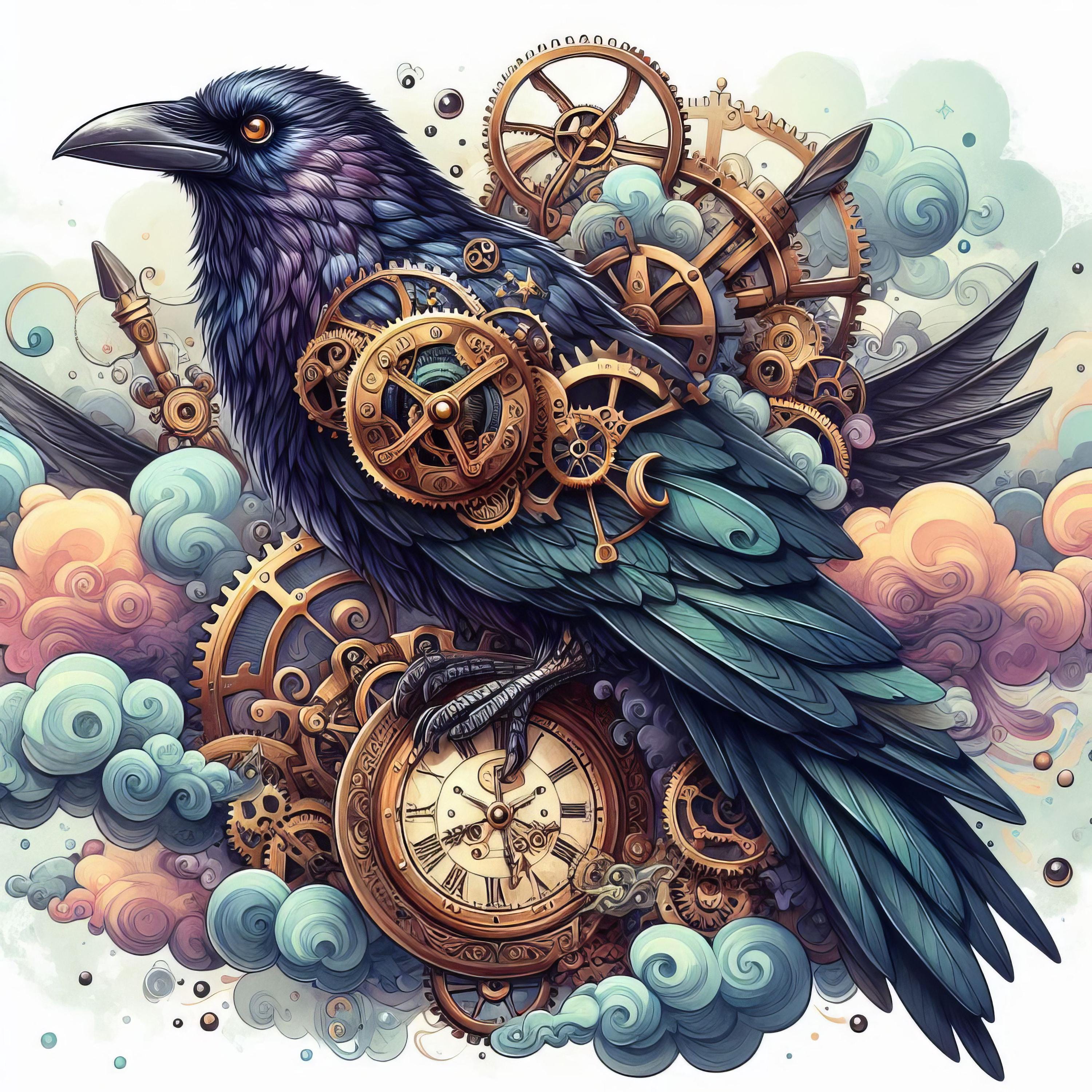 Steampunk Raven: 10 High Res Watercolor Jpgs, Junk Journaling, Card ...