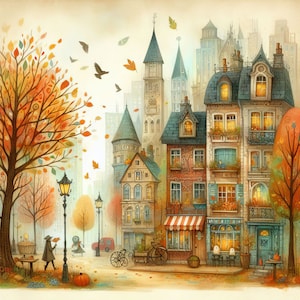 Whimsical Autumn City Clip Art 10 High Res Watercolor Jpgs Junk ...