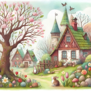 Whimsical Spring Village Art 10 High Res Watercolor Jpgs for Junk ...