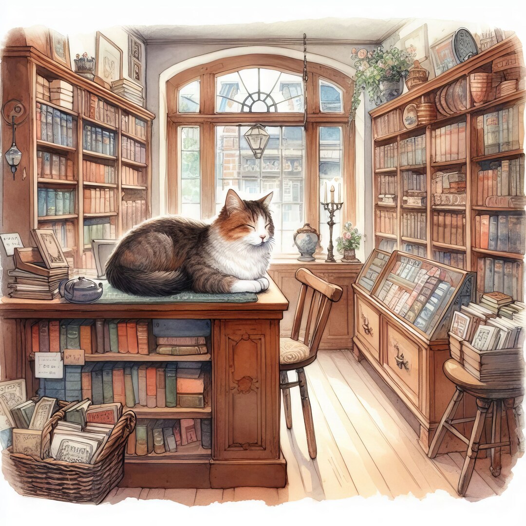 Old Fashion Book Store (with a Cat) Clip Art 10 High Res Watercolor ...